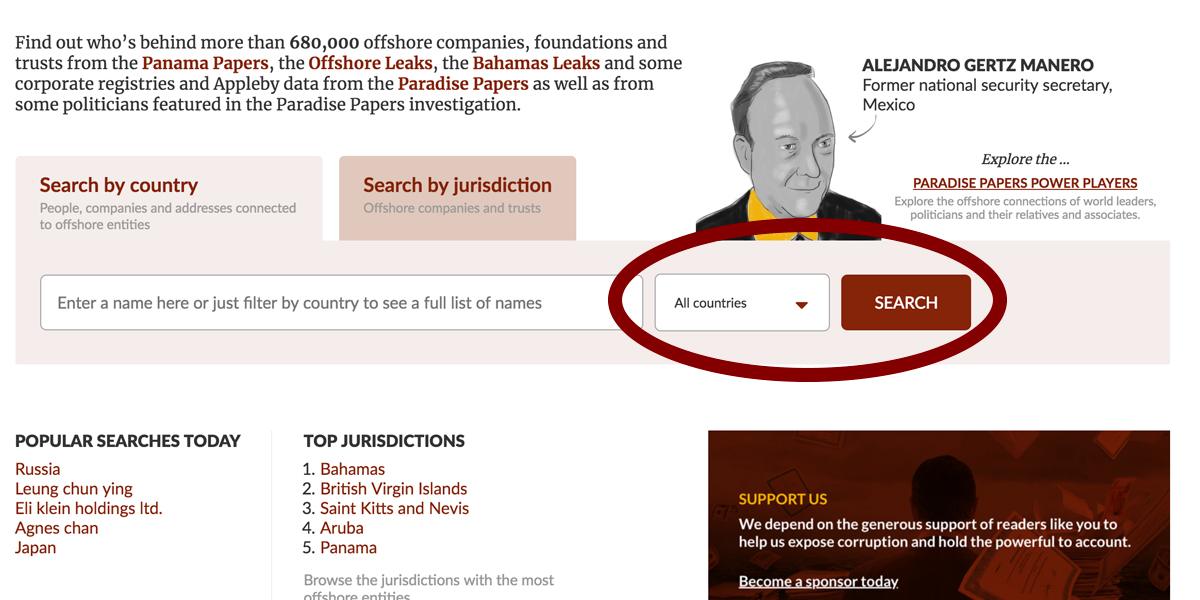 How to search ICIJ's Offshore Leaks Database by location