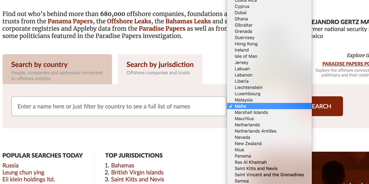 How to search ICIJ's Offshore Leaks Database by location